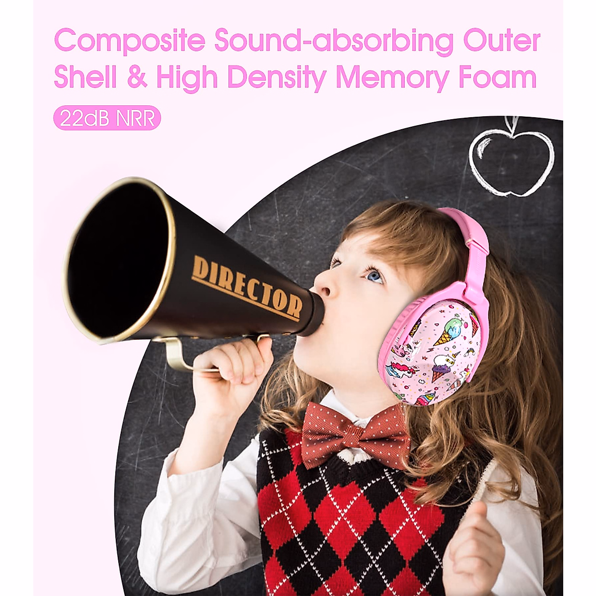 Hocazor HZ015 Kids Ear Protection-SNR 27dB Safety Earmuffs Durable Composite Material Hearing Protector Girls Noise Cancelling Headphones - Pink Ice Cream