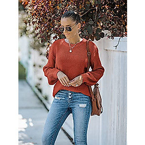 MEROKEETY Women's 2023 Casual Fall Waffle Knit Sweater Long Balloon Sleeve Loose Pullover Jumper, Rust, M