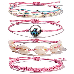 FANCY SHINY Wave String Bracelets Braid Puka Shell Bead Bracelets Handmade Cute Trendy Boho Jewelry Gifts for Women(Pink)