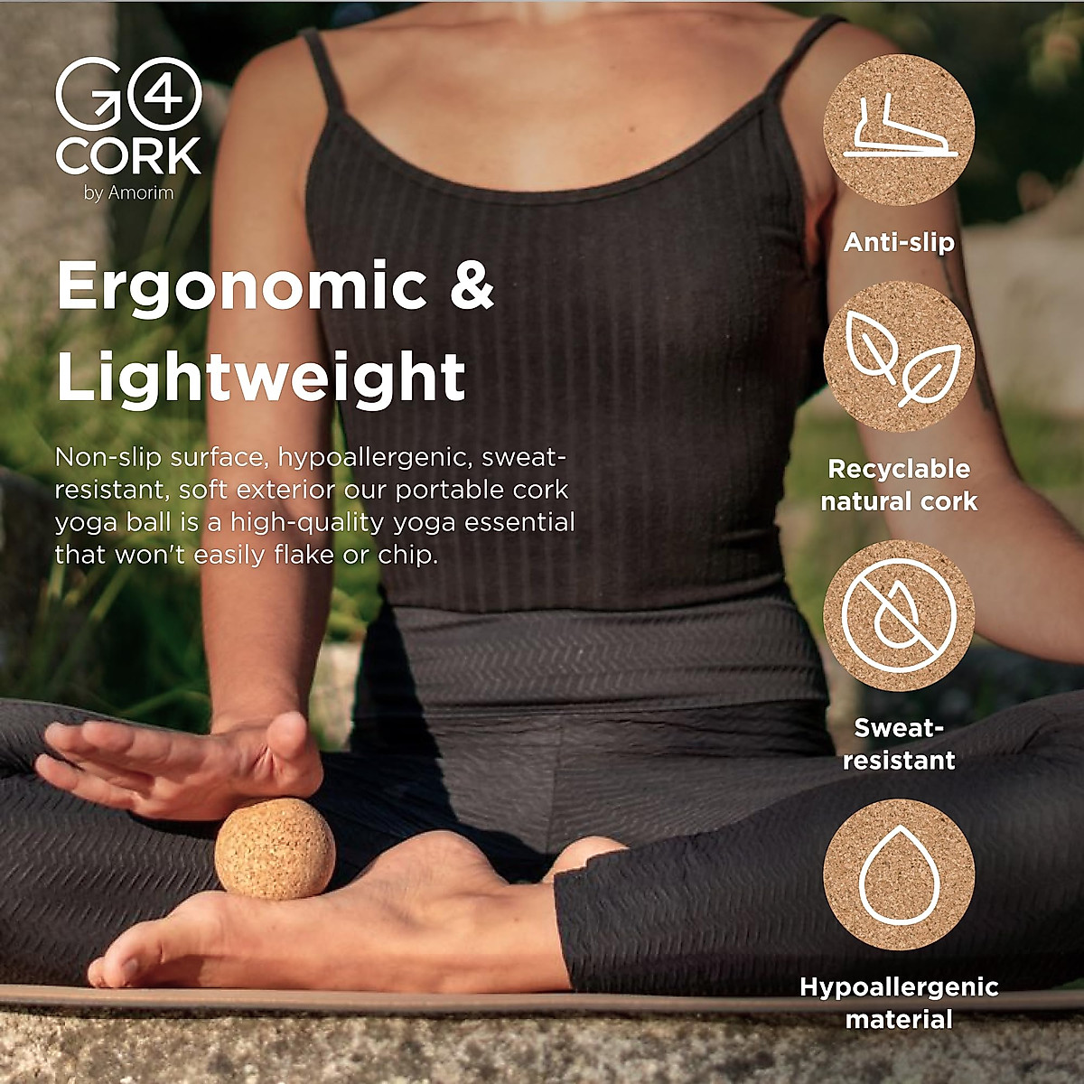 Go4Cork Cork Yoga Massage Ball - 2.4" Therapy Roller | Release Stress, Tension & Circulation | Non-Toxic, Alternative to Foam Yoga Massager | Sustainable & Eco Yogi Gift