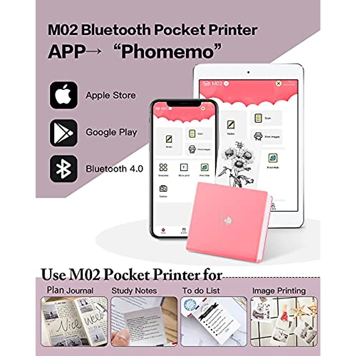 Phomemo M02 Pocket Printer- Mini Sticker Printer Bluetooth Inkless Thermal Photo Printer Compatible with Android iOS for Instantly Print Fun, Retro-Style Photos, Mini Life Assistant, Good Gift, Pink
