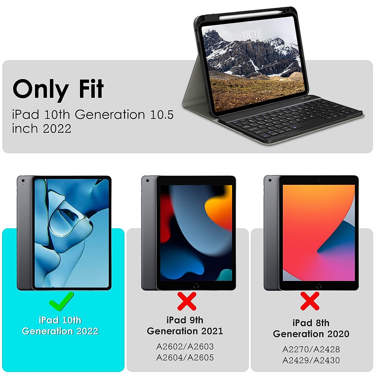 Bokeer Keyboard Case for iPad 10th Generation 2022, Leather Folio Smart Cover with Pencil Holder, Magnetically Detachable Wireless Bluetooth Keyboard [Micro USB Charging, Multi-Angle]-Black