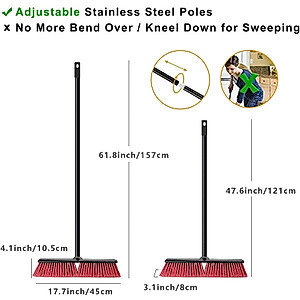 18" Push Broom Outdoor Heavy Duty with Stiff Bristles, Shop Broom with 63" Long Handle, Snow Broom Garage Push Broom for Concrete Wood Scrub Brush for Cleaning Shop Garage Deck Patio Driveway (Red)