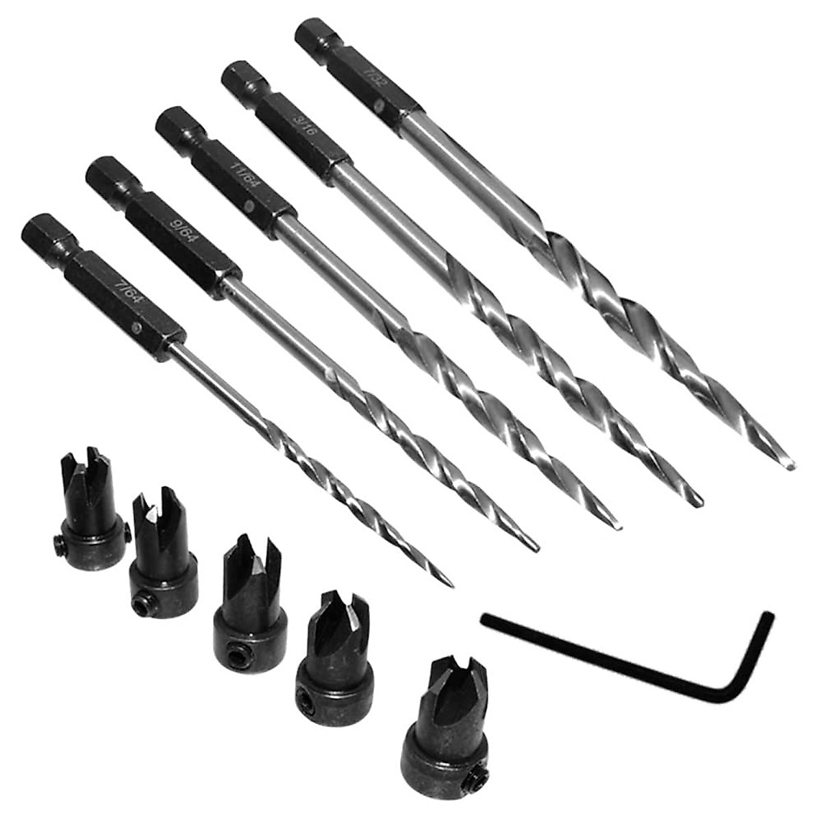 Saipe 5pcs Wood Tapered Countersink Drill Bit Set Hex Shank Screw Drill Counter Sink Bit 7/64", 9/64",11/64", 3/16", 7/32" Adjustable Drilling Tool Kit on Pilot Counter Sinker Hole for Woodworking