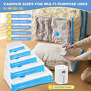 Saker Vacuum Storage Bags with Electric Pump, Space Bags Vacuum Storage Bags, 2-in-1 Pumping and Inflation, 15 Pack (3 Jumbo,3 Large,3 Medium,3 Small,3 Roll Up Bags) for Clothes, Bedding, Travel