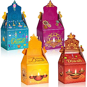 24Pack Happy Diwali Party Favor Boxes Rangoli Lantern Diya Pattern Treat Boxes Diwali Party GoodieGable Boxes for Indian Festival of Lights Party Decorations