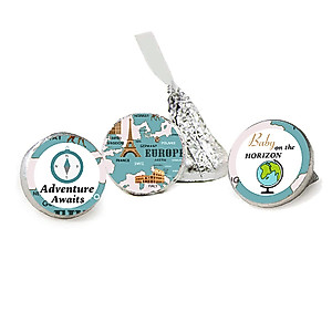 SMARSTICKER 0.75 inch Adventure Awaits Baby Shower Kiss Favors Sticker Labels Gender Neutral Party Circle Chocolate Drop for Baby Favors,Envelope Seals,Goodie Bags, Boxes 300pcs, Blue