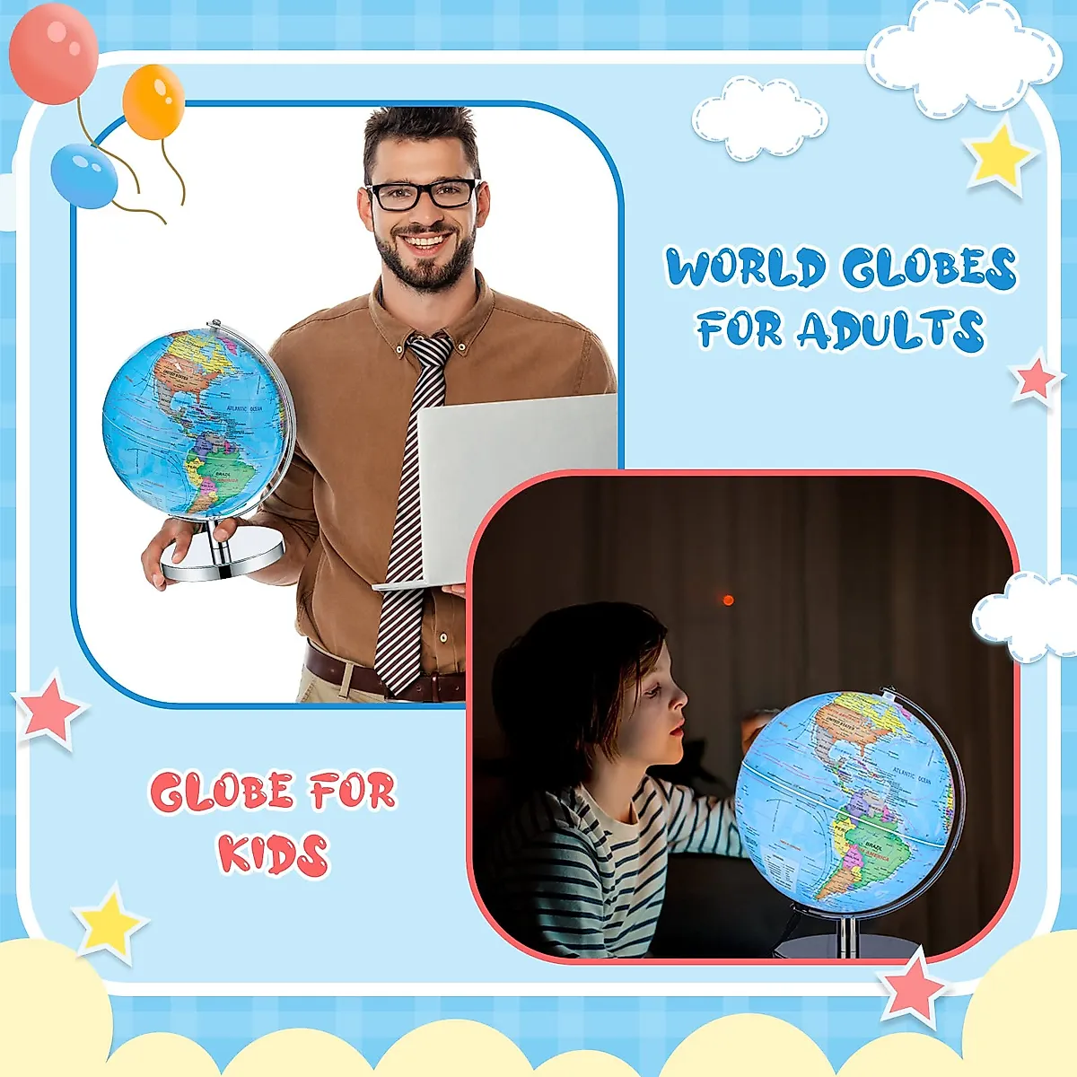 2 Pcs 8.7'' Illuminated World Globe with Stand, World Globe for Kids Learning with Build in Led Night Light, Educational Interactive Globe Lamp Light up Geographic Globes for Home Desk Classroom