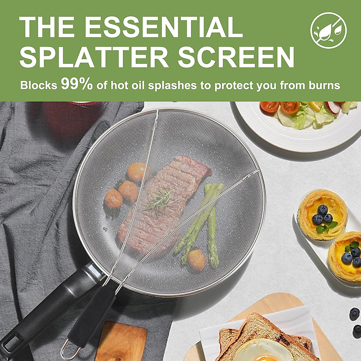 13'', 11.5'', 9.8'' Stainless Steel Grease Splatter Guard for Frying Pan with Comfortable Grip Handle, Ultra Fine Mesh Prevents Oil Splatters and Messes, Heavy Duty Splatter Screen