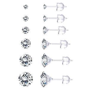 Jstyle 6Pairs Clear Plastic Post Stud Earrings for Women Plastic Earrings for Sensitive Ears Cubic Zirconia Stud Earrings Set 3mm-8mm