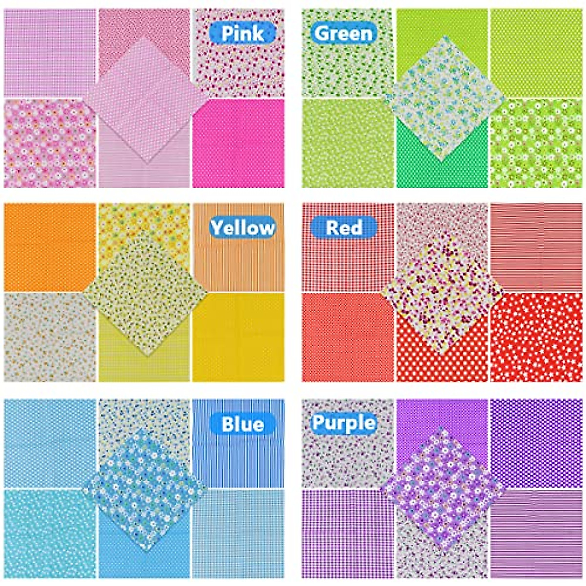 9.8X 9.8" 42Pcs Cotton Print Fabric Bundle Squares Pre-Cut Multicolor Design Printed Quilting Sewing Floral for Quilting Patchwork DIY Craft Scrapbooking Cloth (Red/Yellow/Green/Blue/Pink/Purple)