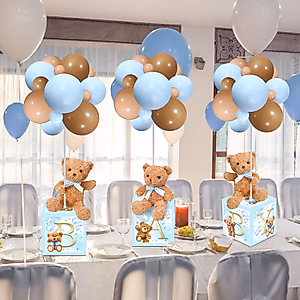 Lenwen 3 Sets Jungle Animal Decoration for Baby Shower, Baby Letter Boxes Baby Shower Table Centerpiece Stuffed Animals Balloon with Stand Animal Plush Baby Boxes for Party(Bear, Blue)