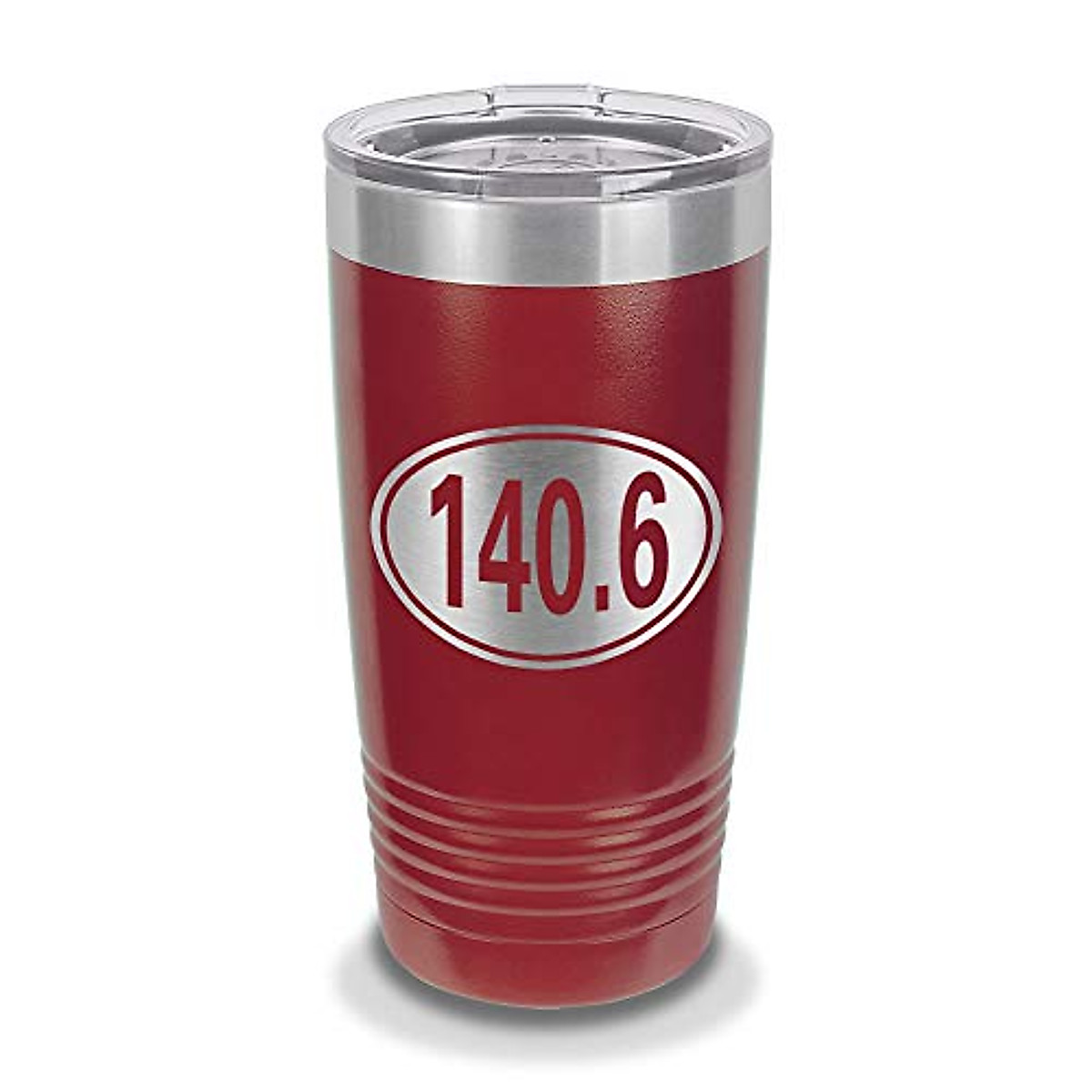 Custom Oval 140.6 20 oz Laser Engraved Polar Camel Stainless Steel Vacuum Insulated Tumbler w/Clear Lid ironman triathlon - Customizable - Maroon