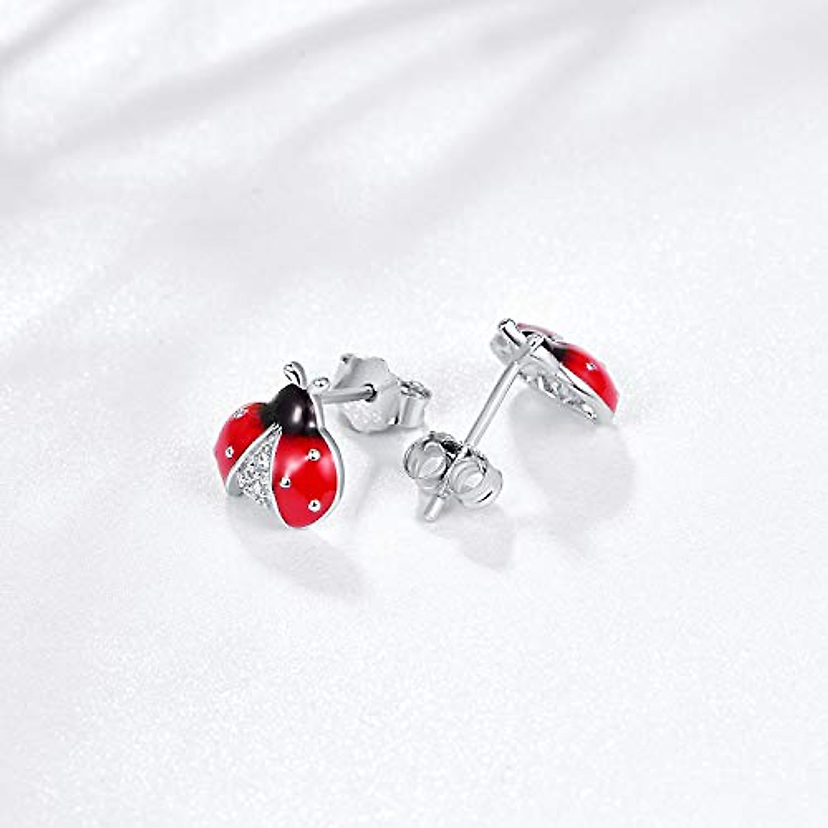 Ladybug Studs Earrings, 925 Sterling Silver with Cubic Zirconia, Hypoallergenic for Sentitive Ears, Miraculous Ladybug Jewelry Mother Day Gift for Women Girlfriend Daughter with Gift Box