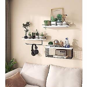 Mefirt Floating Shelves, 3+2 Tier Bathroom Shelves with Paper Towel Holder & Towel Bar, Wood Wall Décor Shelves Over Toilet with Wire Storage Basket & Guardrail, Farmhouse Floating Shelf - White