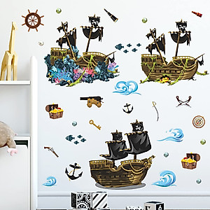 3D Pirate Ship Wall Decals Shipwreck Wall Stickers Underwater Theme DIY Removable Shipwreck Fish Jewelry Seaweed Coral Pearl Waves Sea View Wall Decor for Kids Boys Bedroom Nursery Playroom DT-4943