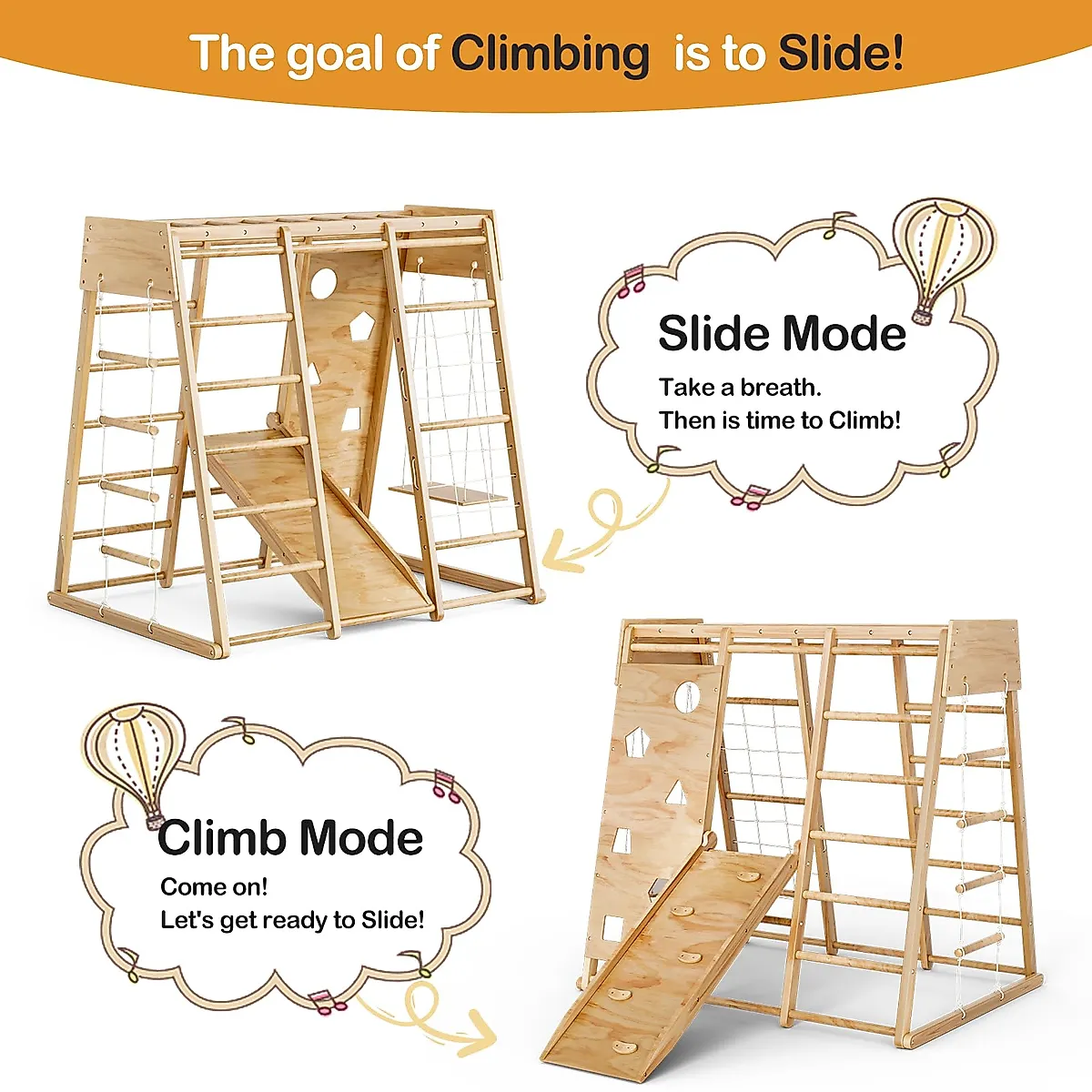 Amictoy Indoor Jungle Gym for Kids 2-10yrs, 2024 Upgraded 8-in-1 Climbing Toy for Toddlers with Slide, Swing and Climbing Rock, Montessori Indoor Playground, Climber Playset for Kids