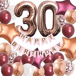 30th birthday Deocrations for her - Happy 30 Rose Red Balloons Kit for Woman Womens With Pink Banner and Jumbo 40inch Number (Burgundy Gold)