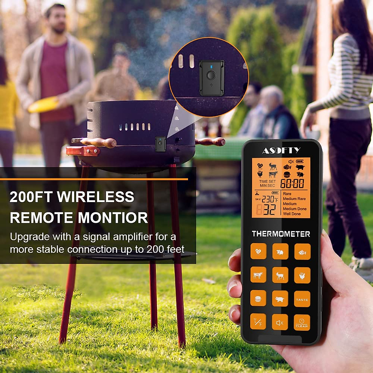 Smart Meat Thermometer Wireless, ASOFTY 200FT Digital Meat Thermomter for Cooking, BBQ Thermometer for Grilling Oven Smoker