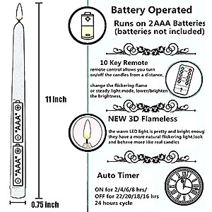 11 inch Ivory Wax Flameless Taper Candles with Remote and Timer, Use 2-AA Battery(not Included Runs 200 Hours, Diameter 0.9", Set of 4, for Holiday, Wedding and Party