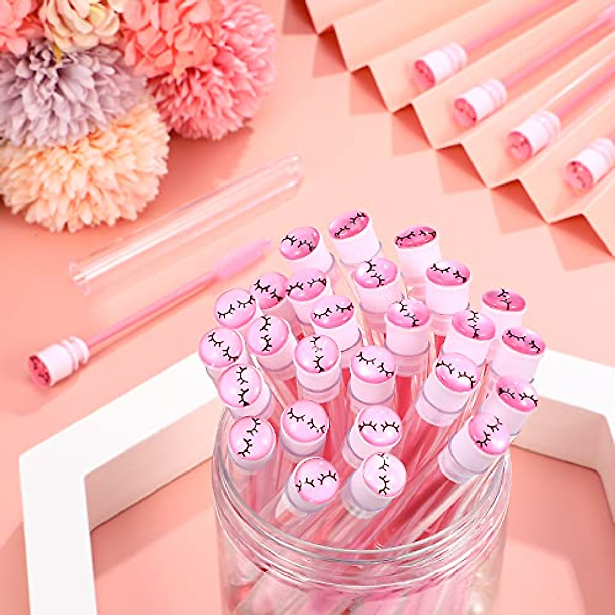 30 Pieces Disposable Eyebrow Brushes with Tubes Mascara Wand Tube Brushes Eyelash Mascara Brushes Diamond Eyelash Tubes with Transparent Cylinder Packaging for Women Girls Makeup (Pink)
