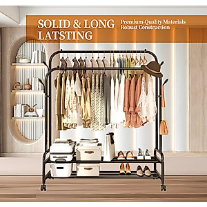 Antiwar Sturdy Metal Double Rodding Clothes Rack With Wheels, Portable Clothing Rack With Shelves & Hooks, Heavy Duty Garment Racks for Hanging Clothes, Multi-Functional Closet Rack for Bedroom, Black