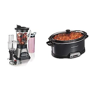 Hamilton Beach Wave Crusher Blender, Grey & Black (58163) & Beach Portable 7-Quart Programmable Slow Cooker With Lid Latch Strap for Easy Transport, Dishwasher-Safe Crock, Black (33474)
