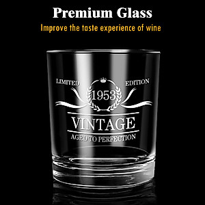 BEYOND MS 70th Birthday Gifts for Men - 70th Birthday Decorations for Men - 1953 Whiskey Glass in Valued Wooden Box - Anniversary Ideas for Him, Dad, Husband, Friends - 12oz Whiskey Glass