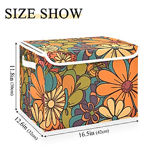 Vnurnrn Storage Bin with Lid Collapsible Hippie Florals Print, Large Capacity Foldable Storage Basket Cube for Clothes Toys 16.5×12.6×11.8 IN