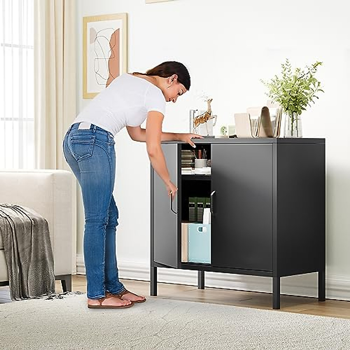 YITAHOME Metal Tool Cabinet, 31.5" Steel Garage Storage Cabinet with Adjustable Shelves, Counter Cabinet with 2 Door, Free Standing Cabinet for Bedroom, Kitchen,Home Office, Black