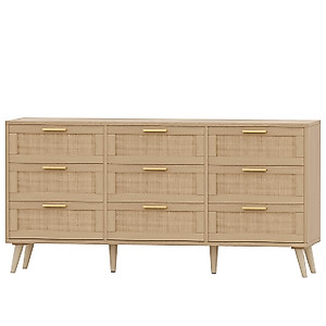 Rovaurx 9 Drawer Double Dresser for Bedroom, Rattan Chest of Dressers, Modern Wooden Dresser Chest with Golden Handles, Beside Table for Closet, Living Room and Entryway, Natural