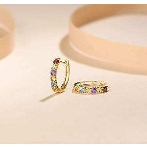 FANCIME 14k Solid Yellow Gold Rainbow Hoop Earrings Multicolor Gemstones 0.85cttw Peridot Citrine Yellow Sapphire Garnet Blue Topaz Amethyst Small Tiny Huggie for Women16mm
