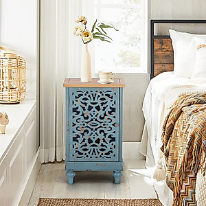 PHI VILLA Small Accent Storage Cabinet with Single Door - Decorative Nightstand for Living Room Bedroom, End Side Table Cabinet Blue