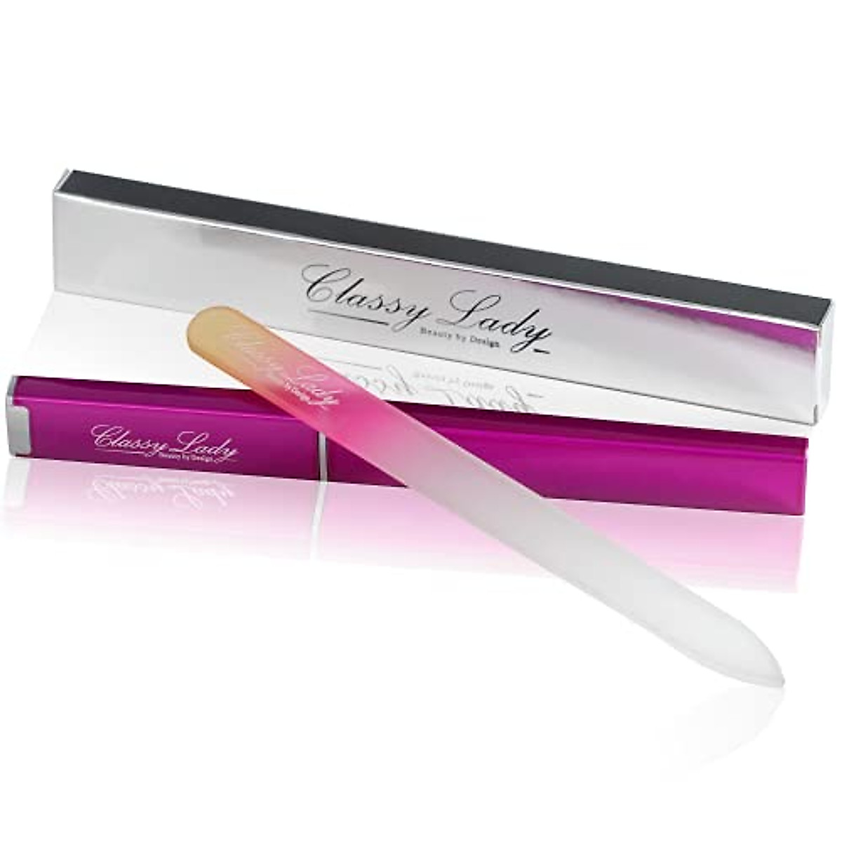 ClassyLady Glass Nail File - Crystal Nail File, Filing Board for Professional Fingernail Care and Smooth Precise Filing, Easy to Clean - Yellow/Pink with case