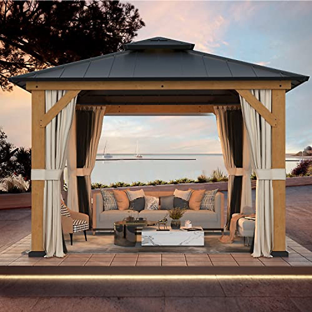 EROMMY 11'x11' Solid Wood Gazebo, Outdoor Hardtop Gazebo Pavilion with Netting and Curtains, Spruce Wooden Frame Double Roof Metal Canopy for Patio Backyard Deck Garden