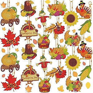 Outus 24 Pcs Thanksgiving Diamond Art Keychain Kit Fall 5D DIY Diamond Art Key Chain Double Sided Maple Acorn Diamond Art Key Ring Thanksgiving Day Diamond Art Ornament for Harvest Craft