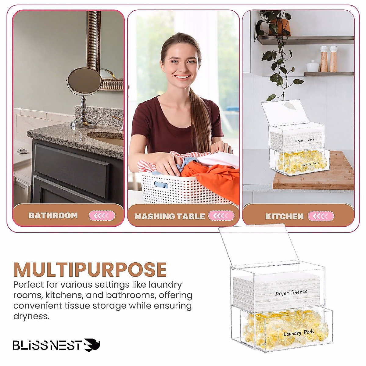 BLiSSNEST - Laundry Pods Container - Laundry Organizer - Laundry Room Organization - Acrylic Containers - Dryer Sheet Holder - Dryer Sheet Container - Laundry Detergent Organizer - Laundry Pod Holder
