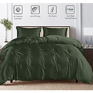 Linenwalas Tencel Lyocell Duvet Cover Set with Deep Pocket Fitted Sheet, Viscose Made from Eucalyptus Soft, Lightweight and Breathable Complete Bedding Set (Avocado Green, Full)