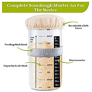 WAVEWISE 1000ML Sourdough Starter Jar Wide Mouth with Thermometer Strip, Scraper, Cloth Cover, Aluminum Lid and Date Marked Feeding Band, 35 Oz Sourdough Starter Jar Kit for Sourdough Bread Baking