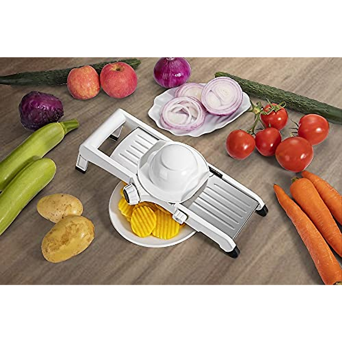 VEKAYA Professional Mandoline Slicer for Kitchen with Waffle Fry Cutter, Julienne & 0-9mm Slice | Vegetable Mandolin Slicer for Food Potato Onion with Bonus Cut Resistant Gloves and Food Safety Holder
