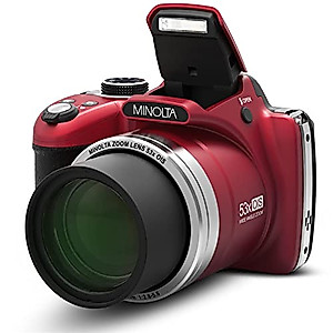 Minolta MN53Z 16MP FHD Digital Camera with 53x Optical Zoom, Wi-Fi, Red Bundle with Shoulder Bag, Octopus Tripod, 32GB SD Card, Reader, Card Case, Cleaning Kit