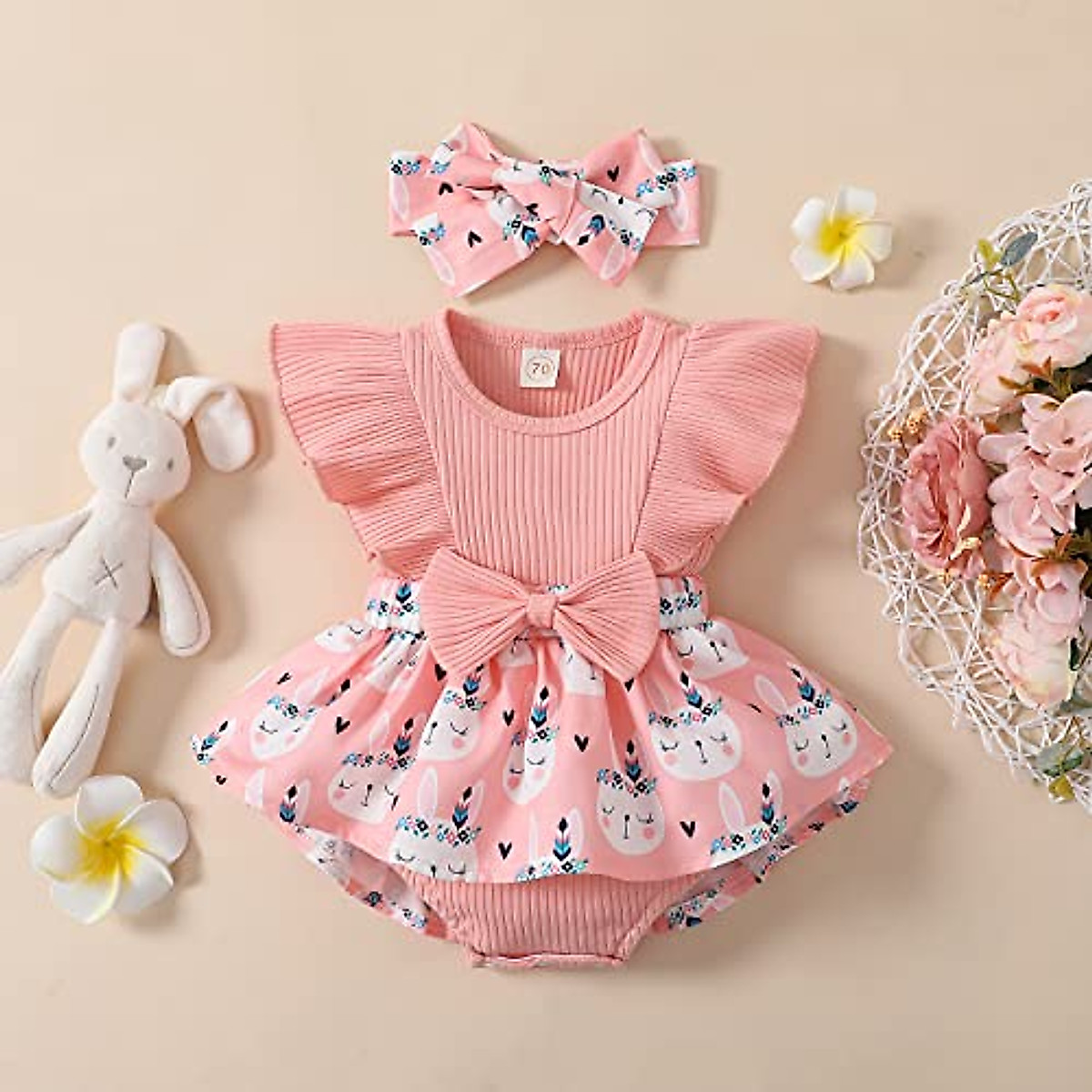 Tsnbre Easter Outfit Baby Girl Romper Fly Sleeve Ribbed Romper with Bunny Print Skirt 0 3 6 12 18 Newborn Clothes (Pink , 12-18 Months )