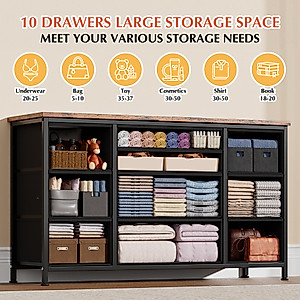 Takywep 10 Drawer Dresser for Bedroom with Wooden Top, Rustic Brown Tv Stand Dresser with Power Outlet for 55", Bedroom Dressers with Drawers, Fabric Drawer Dresser for Bedroom, Big Storage…