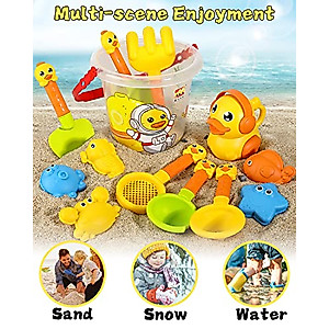 21 PCS Beach Toys with Storage Bag for Toddlers, Kids Cute Duck Theme Sand Toy Set Includes Beach Bucket, Truck, Shovel, Animal Sand Molds and Watering CanOutdoor Toys for Toddlers Kids Age 3 4 5 6+