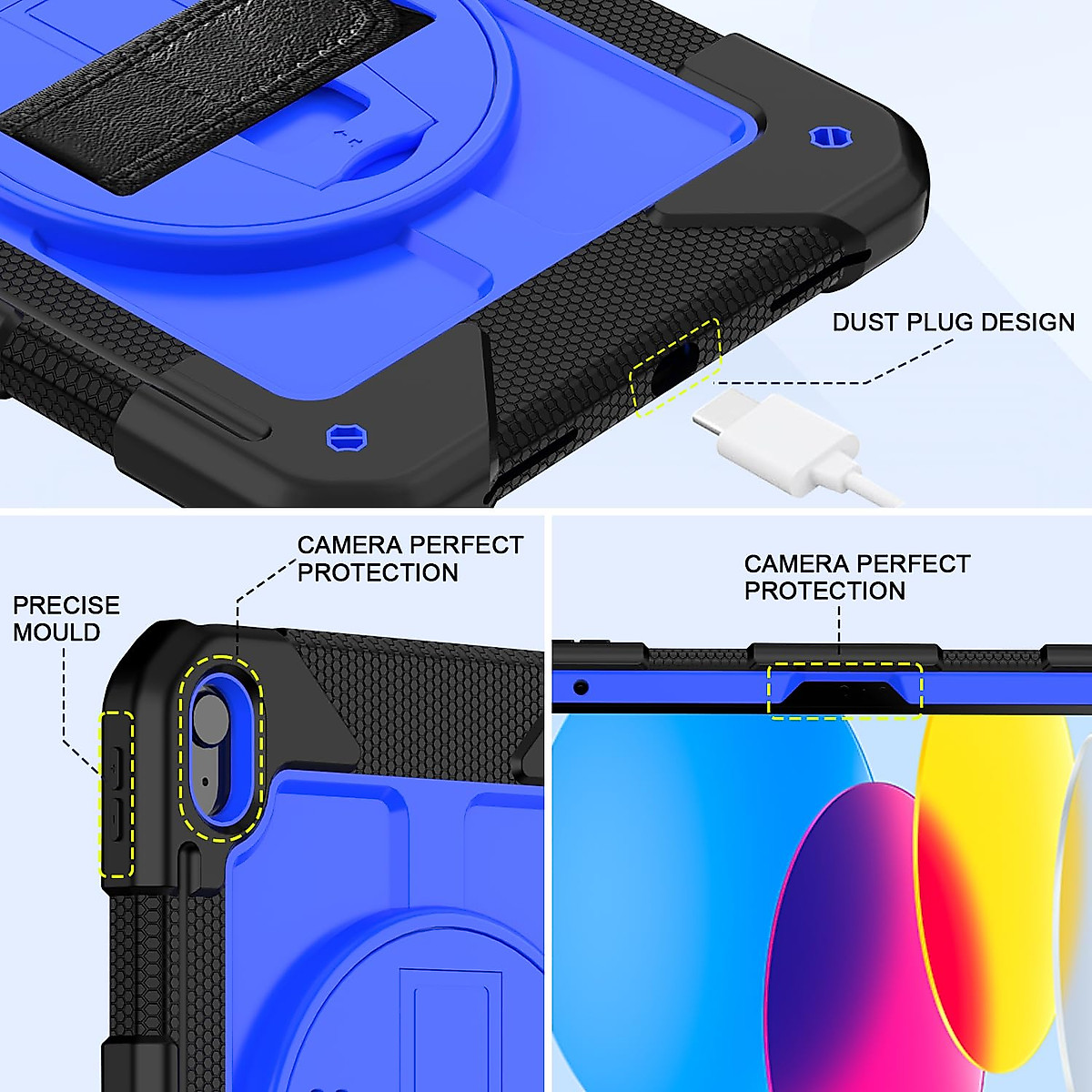 BMOUO Case for iPad (A16) 11th Generation 11" 2025/iPad 10th Generation 10.9 inch 2022, 360 Rotating Stand & Pencil Holder & Hand & Shoulder Strap Shockproof iPad 11th/10th Generation Case, Deep Blue