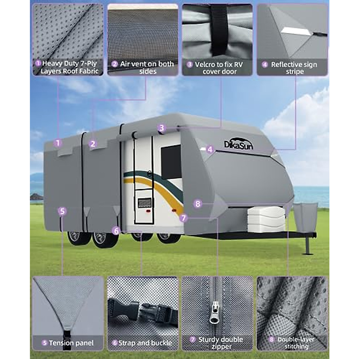 DikaSun Travel Trailer RV Cover, 7-Ply Layers Top 35-38ft Windproof Waterproof UV Protection Ripstop Camper Cover with Tongue Jack Cover, Gutter Covers and Extra Long Straps