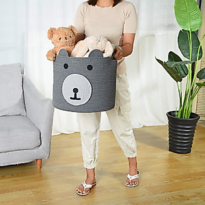 InfiBay Baby Toy Storage, Cotton Rope Storage Basket with Bear Design, Toy Storage Bin with Handles, Woven Laundry Hamper, Baby Nursery Organizer for Toys, Blanket, Clothes, Towels, 12”(D) x 11”(H)