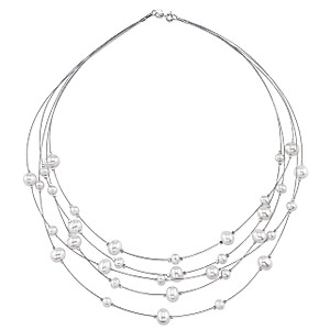 The Pearl Source 6-9mm Genuine White Freshwater Cultured Pearl Wire Necklace for Women