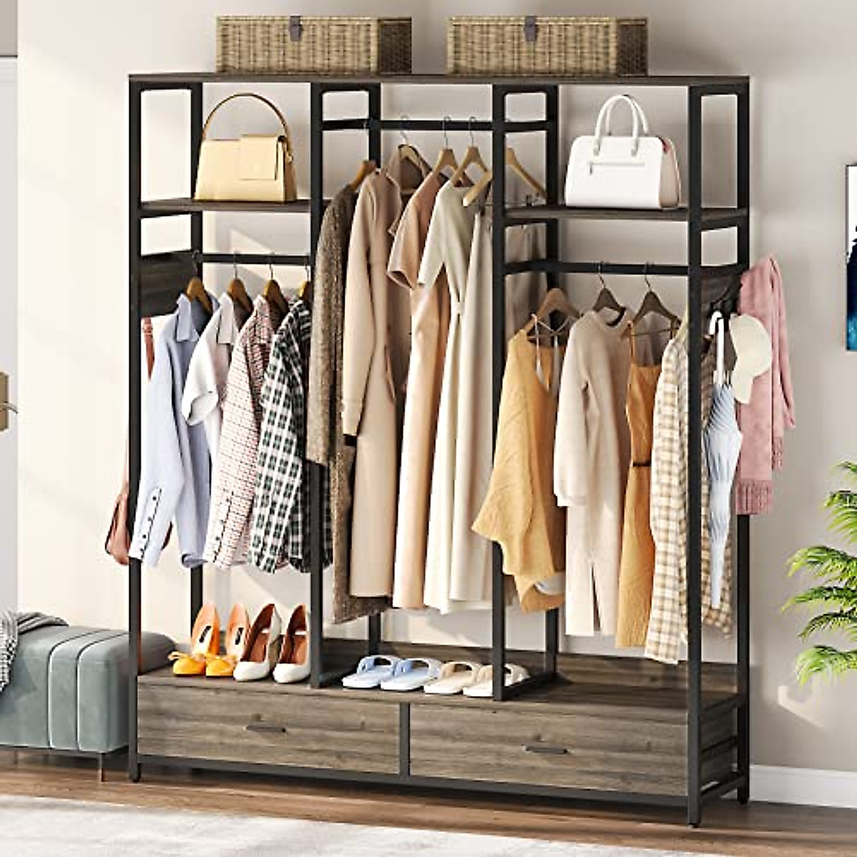 Tribesigns Freestanding Closet Organizer with 2 Drawers, Heavy Duty Garment Rack with Shelves and 6 Hooks, Wardrobe Closet Clothes Rack for Hanging Clothes, Clothing Storage for Bedroom, Gray