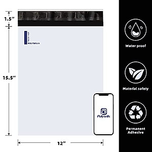 POLYSELLS Poly Mailers Shipping Envelopes, Strong Adhesive Sealing, Waterproof, and Tear-resistant Postal Mailing Bags. Mailer Bags for clothing, books, and accessories. (White, 12x15.5 Inch, 100 pc)